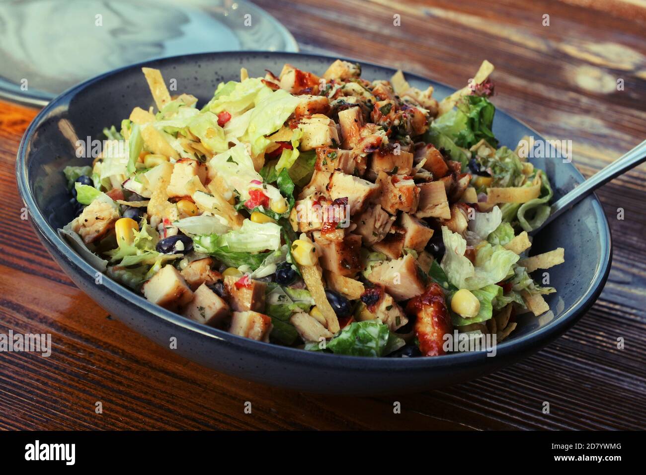 Sriracha salad with lettuce, chicken cubes and nacho strips Stock Photo ...
