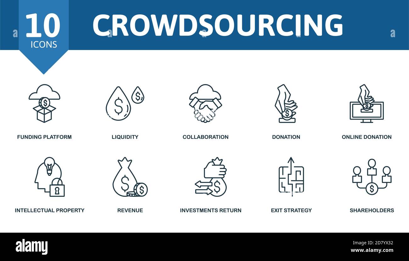 Crowdsourcing icon set. Collection contain backer, funding platform ...