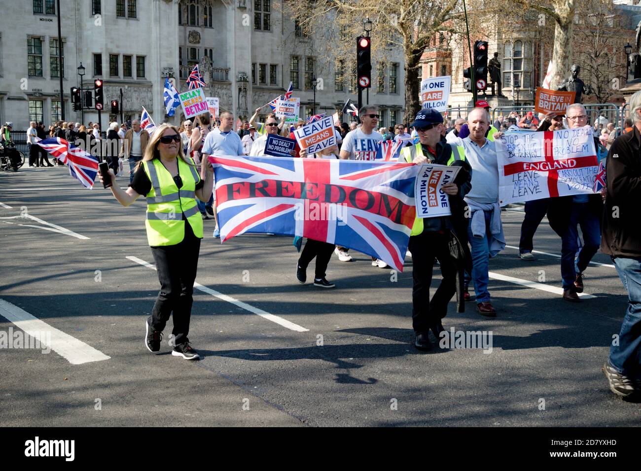 London, United Kingdom, March 29th 2019:- Pro Brexit marchers outside ...