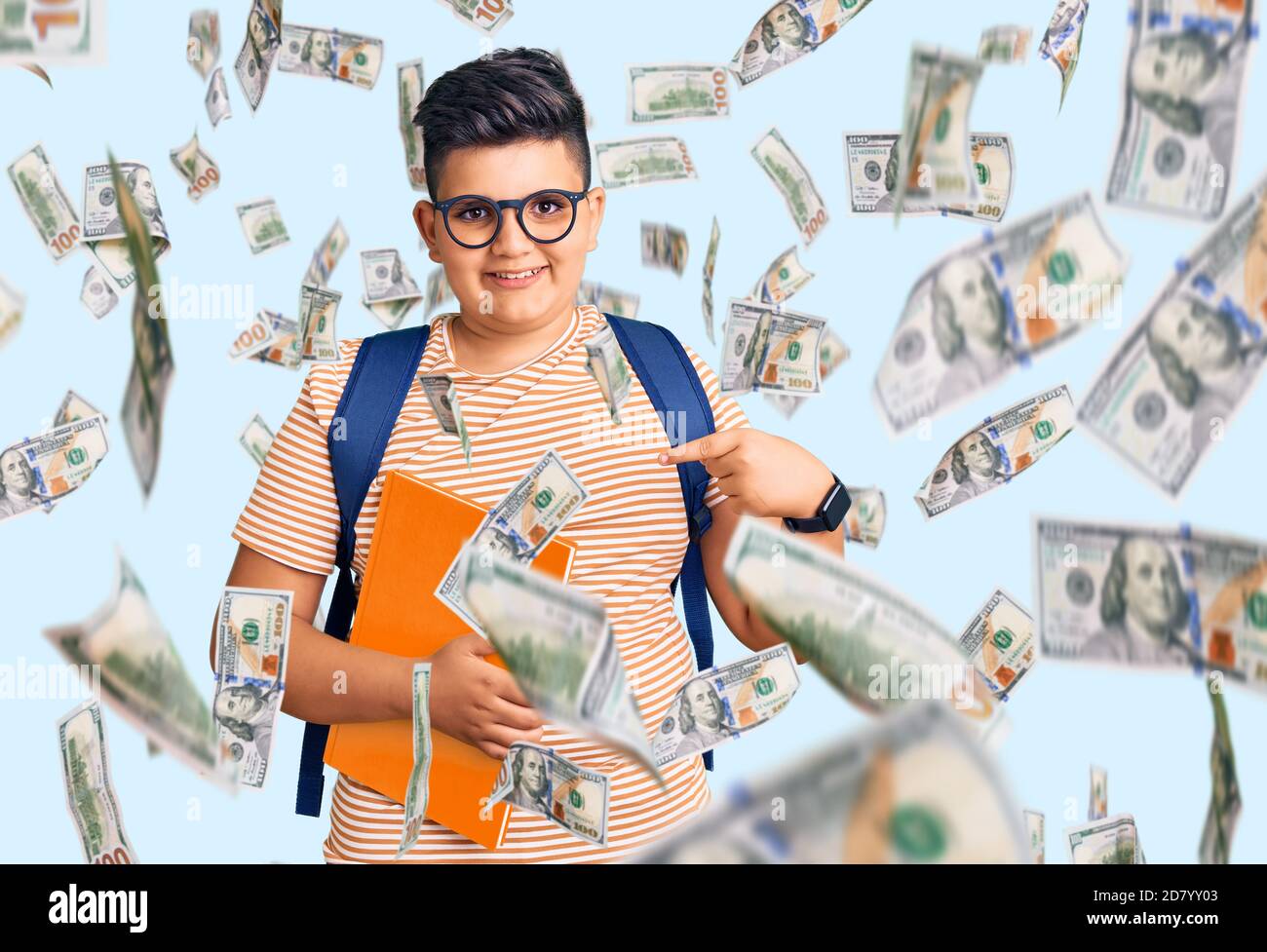 Little boy kid wearing student backpack holding books pointing finger ...