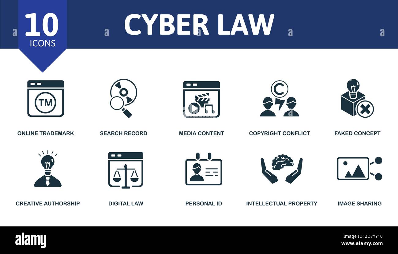 Cyber Law icon set. Collection contain online trademark, invention ...