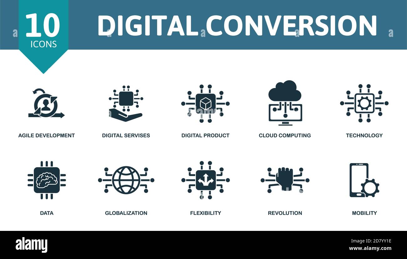 Digital Convertion icon set. Collection contain agile development, digital services, digital ...