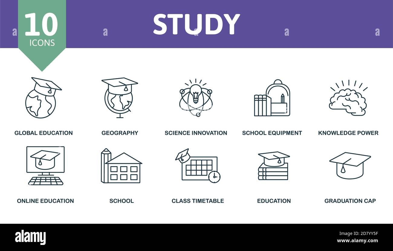 Study icon set. Collection contain aspiration, geography, knowledge ...