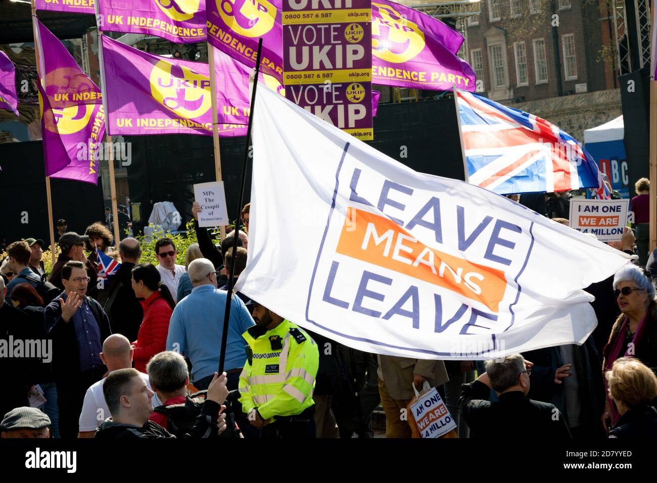London, United Kingdom, March 29th 2019:- Pro Brexit marchers outside ...