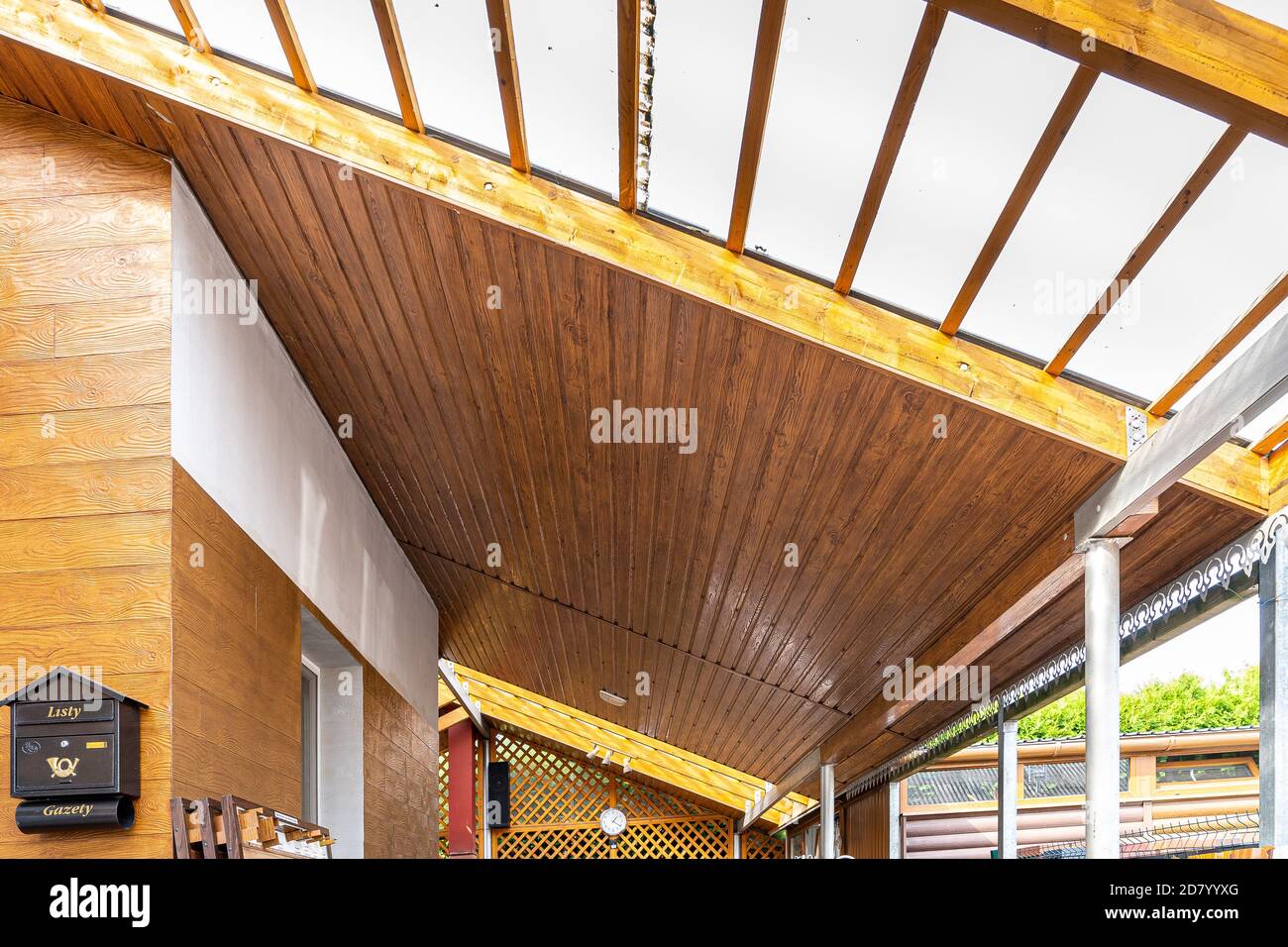 transparent glass roof wooden decorative panel attic house Stock Photo ...