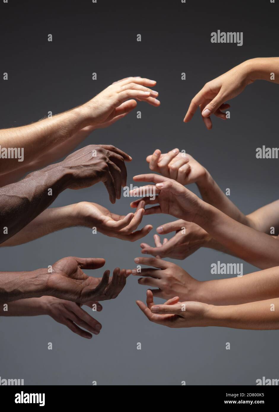 Voices. Hands of people's crows in touch isolated on grey studio ...