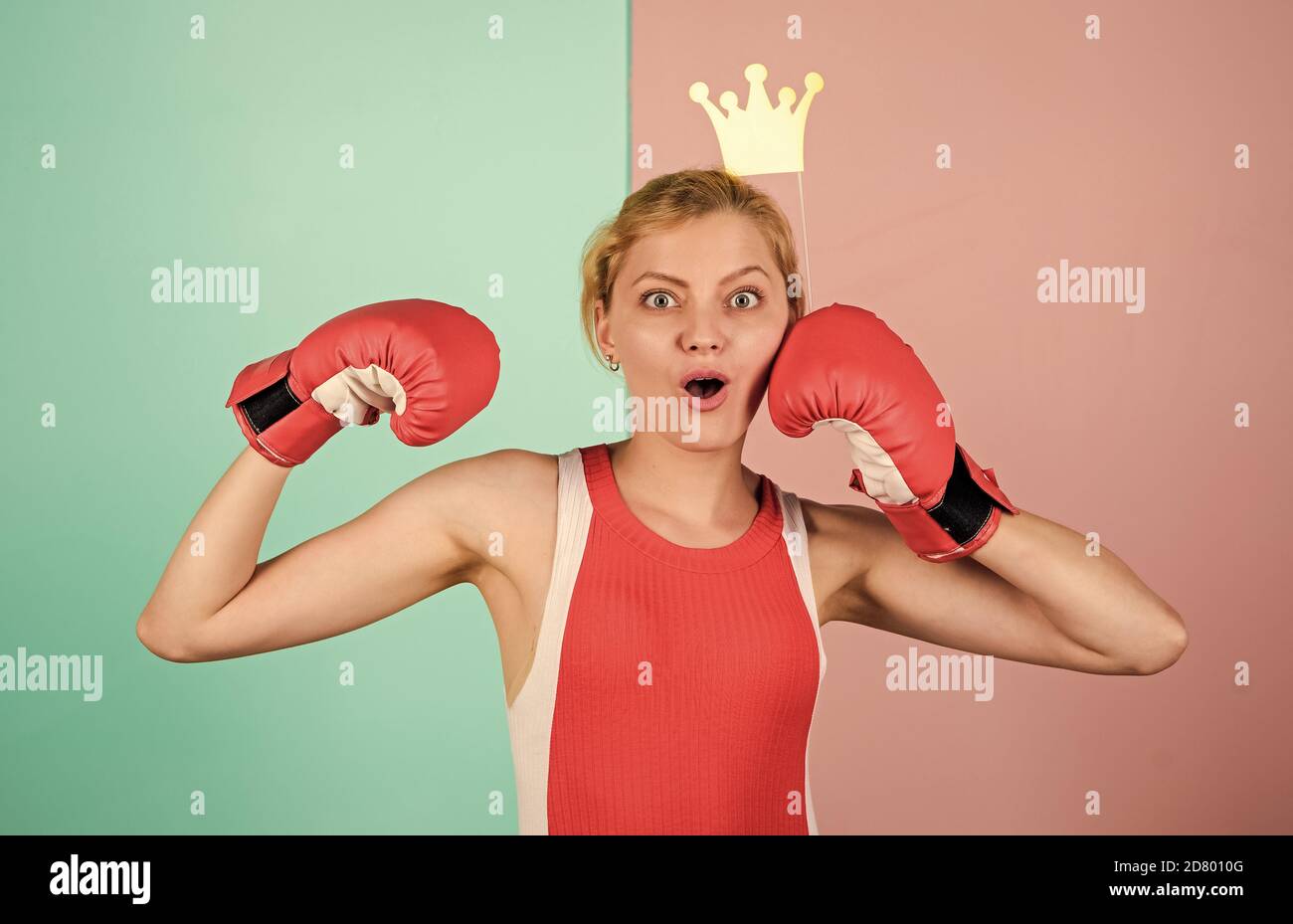 Athletic princess. happy woman party crown. female boxer boxing gloves ...