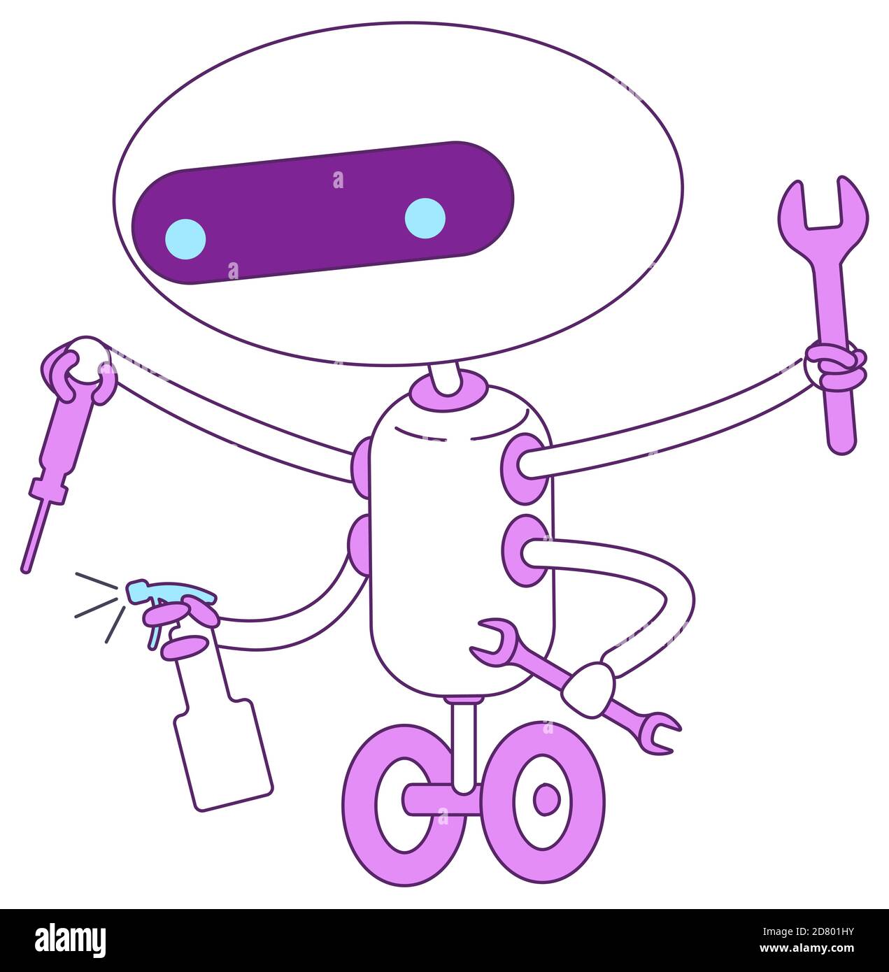 Cute modern helper robot with magnifying glass violet linear object ...