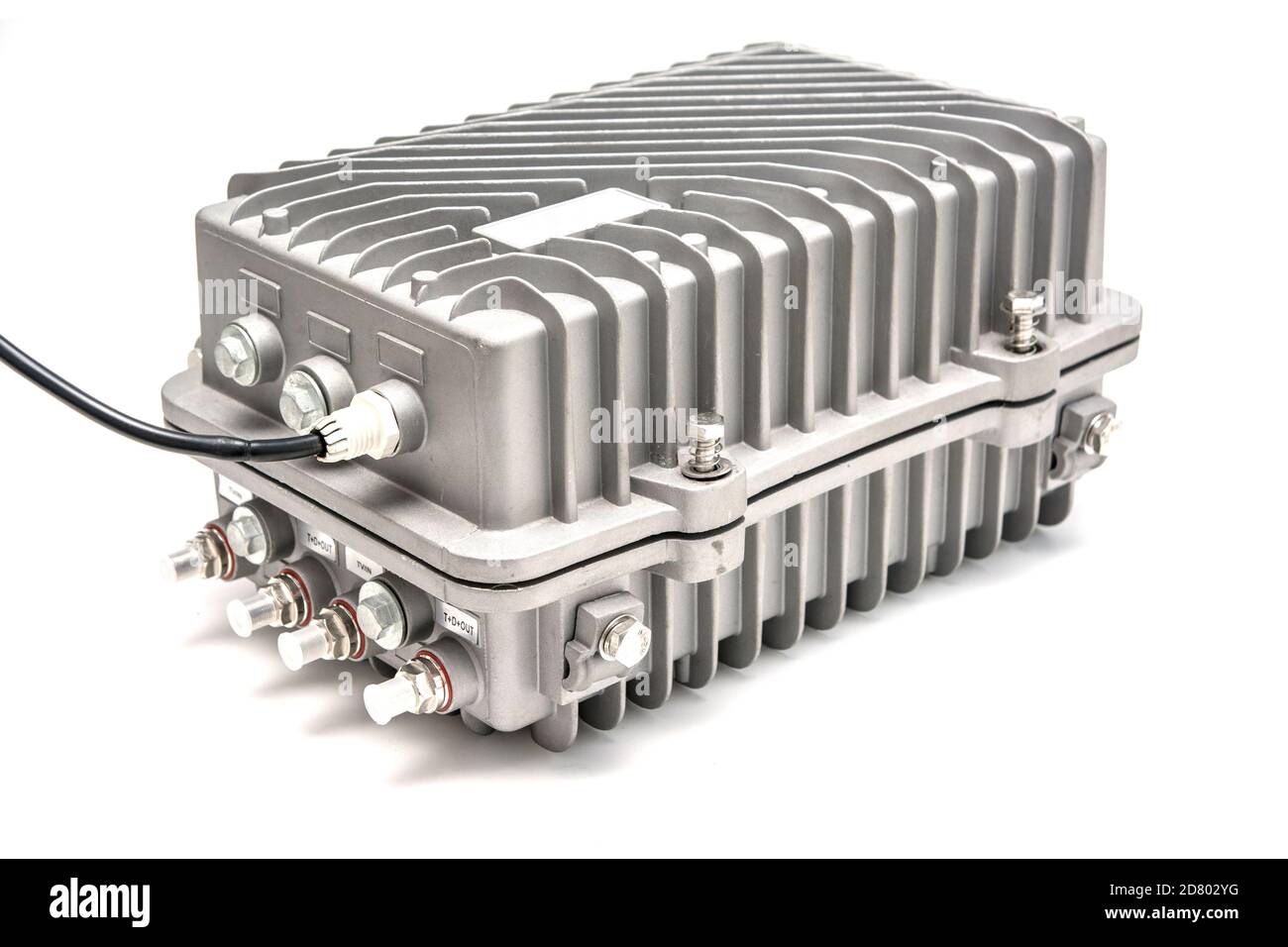 CATV system hanging on black optical fiber cables for amplify TV ...