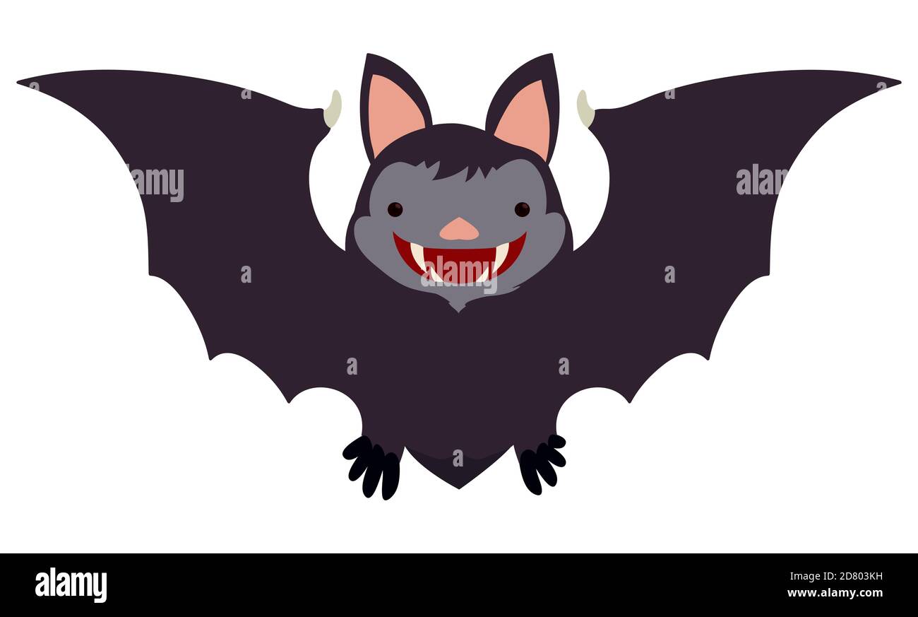 Isolated flying smiling bat with big fangs in flat style over white ...