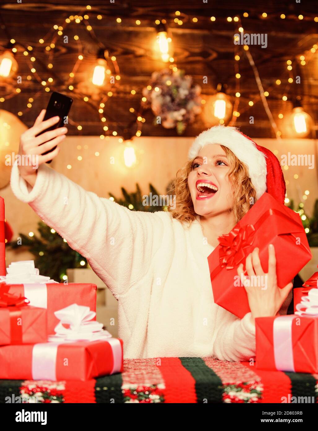 hello. christmas blogging. making selfie. happy woman hold phone. xmas ...