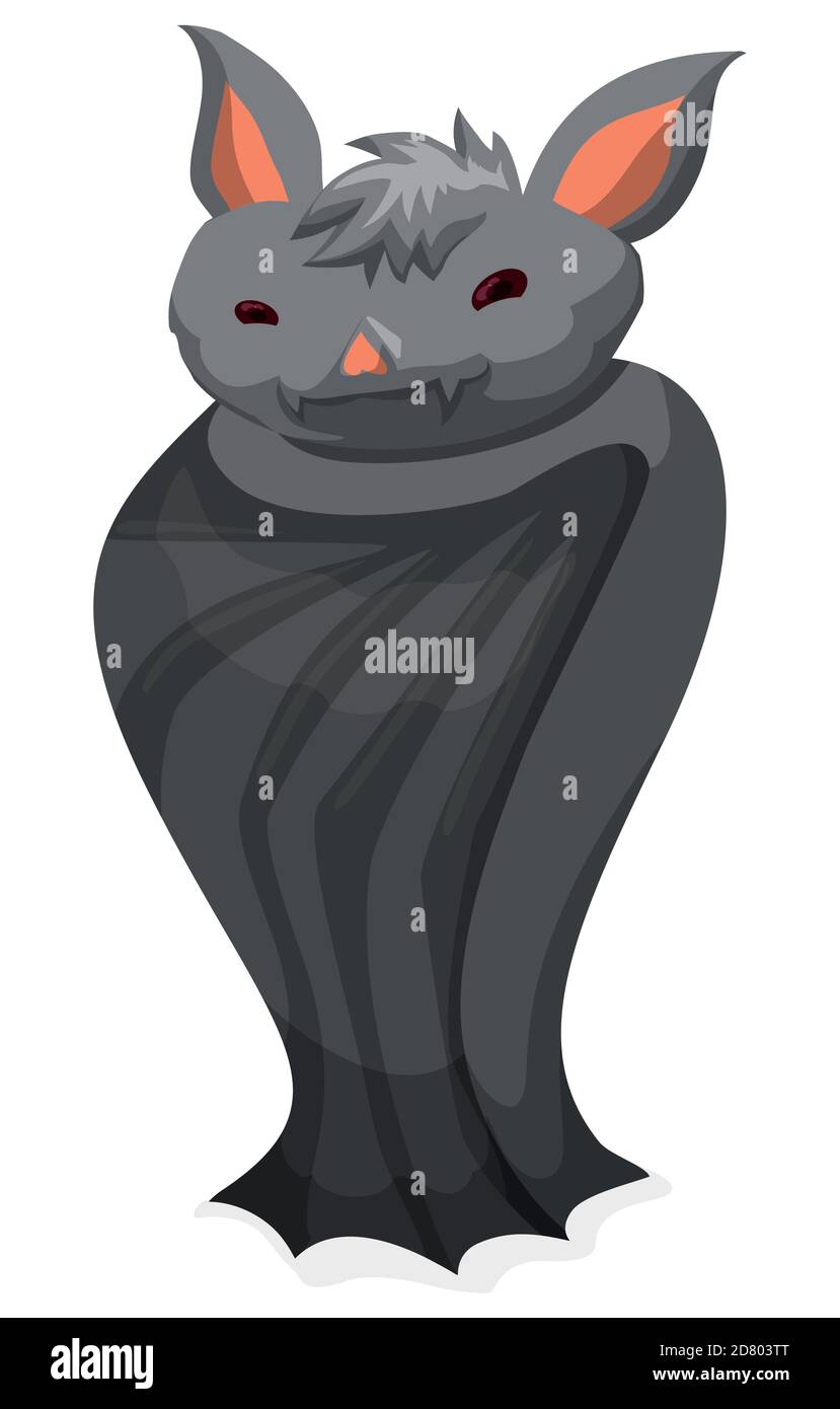 Gray bat character with gray fur, covered with its wings, isolated over ...