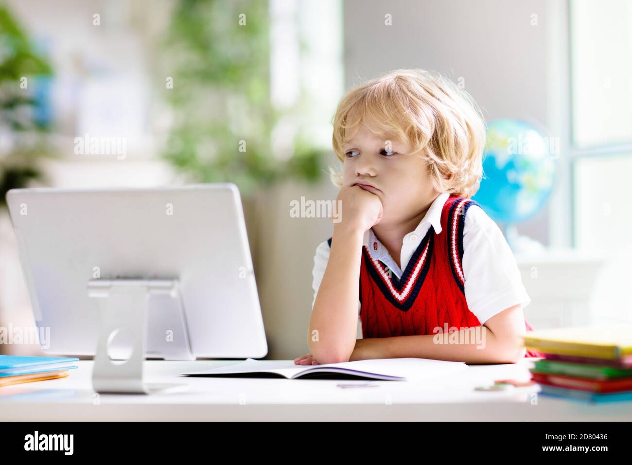 Online remote learning stress and frustration. School kids with ...