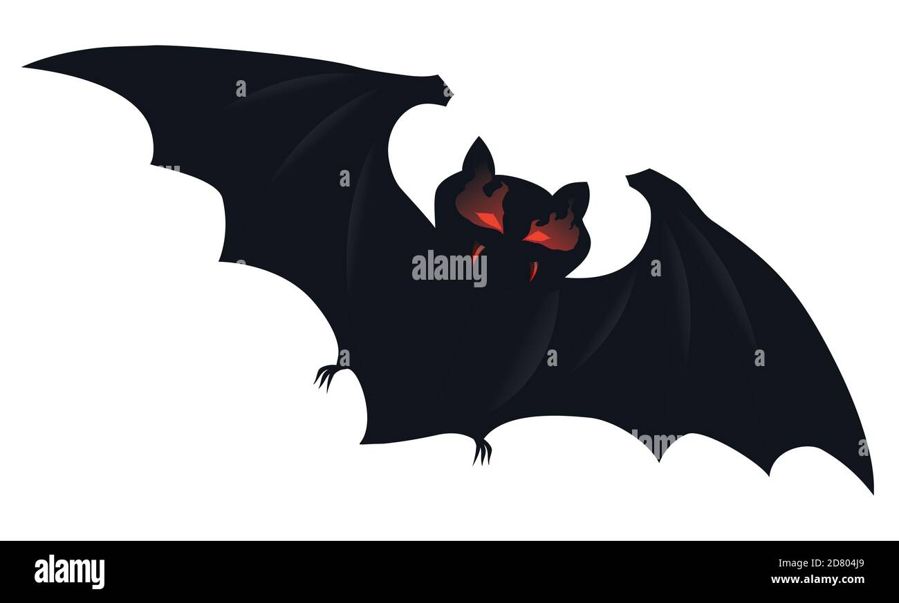 Flying dark bat with red flaming eyes and fangs with blood, isolated ...