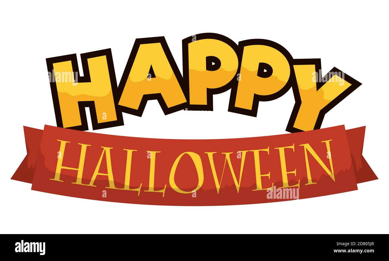 Happy Halloween sign with glossy greeting and red ribbon, isolated over ...