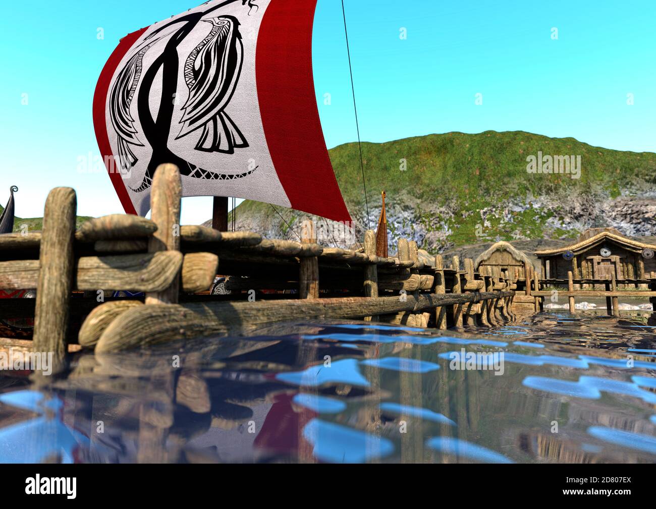 3D rendering of a vikings medieval boat on blue sky and sea background ...