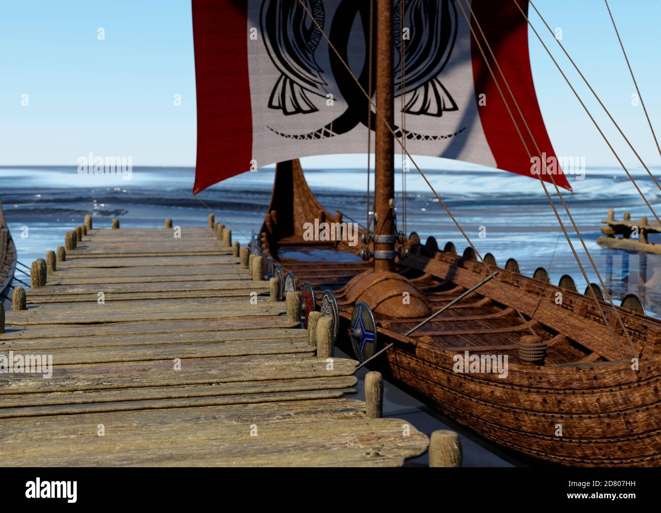 3D rendering of a vikings medieval boat on blue sky and ocean ...