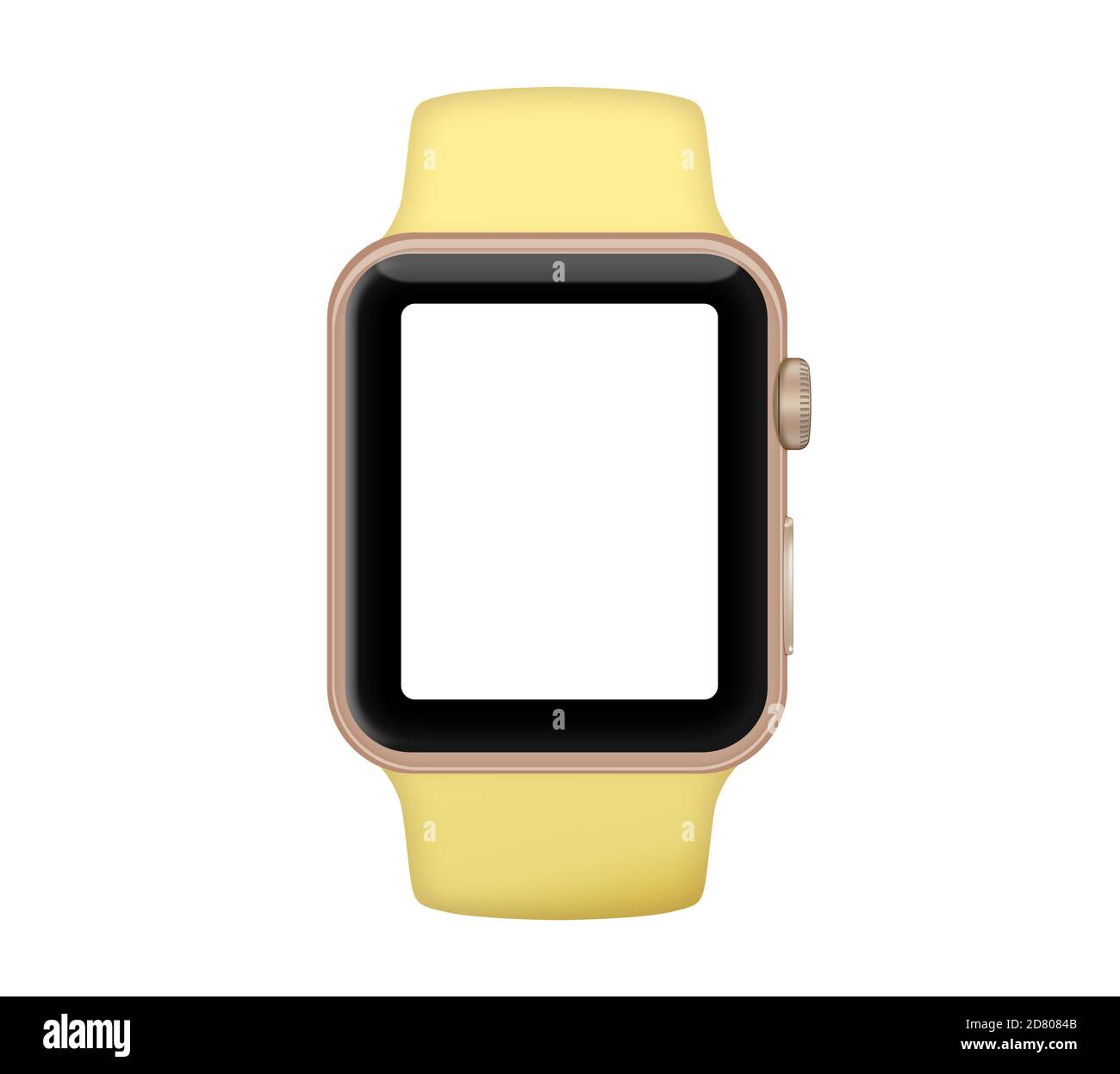 Isolated gold aluminum case smart watch and pollen yellow band on white ...