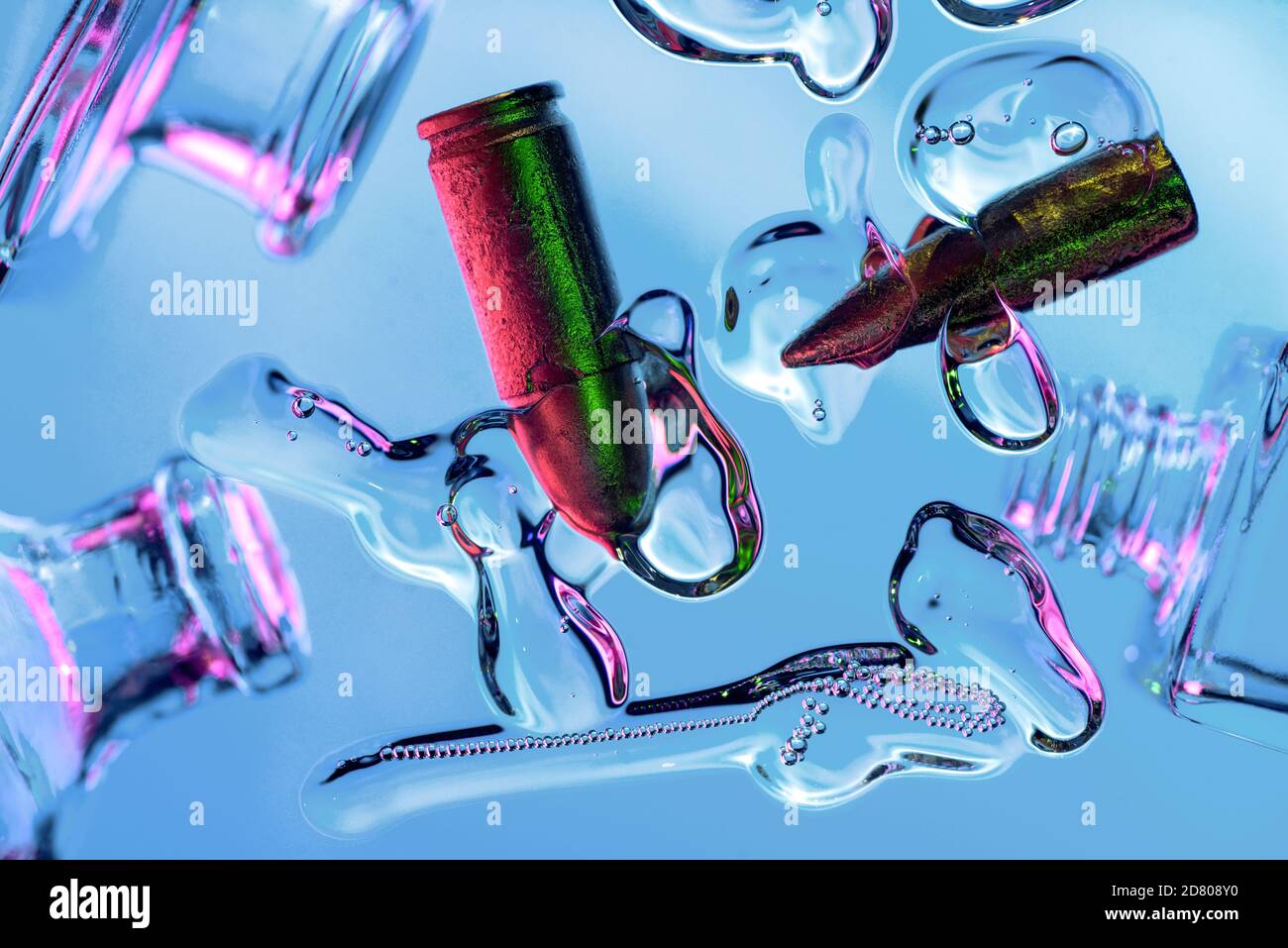 Abstraction on cosmetics, drops, air bubbles, bullets and bottles in ...
