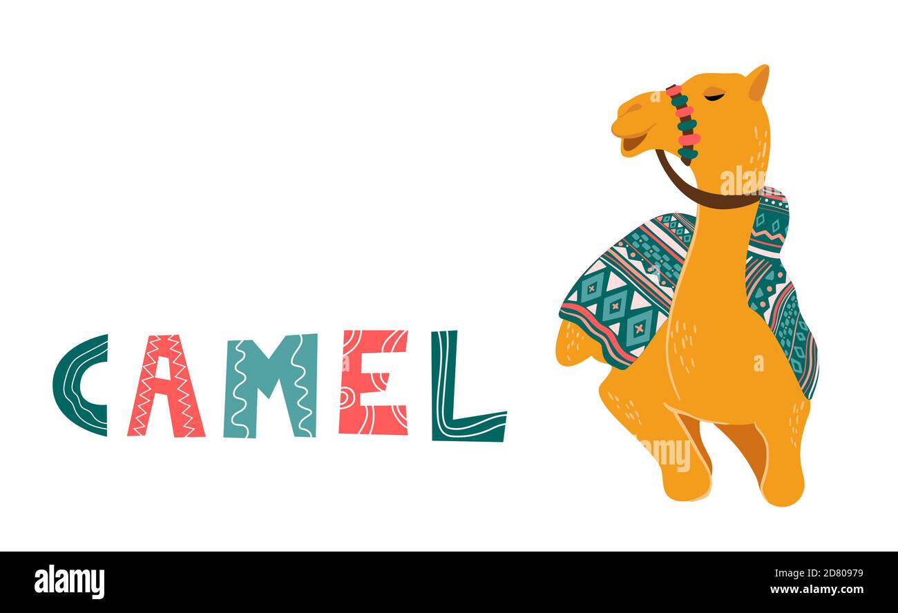 Camel cartoon vector illustration on white. Decorated camel with seat ...