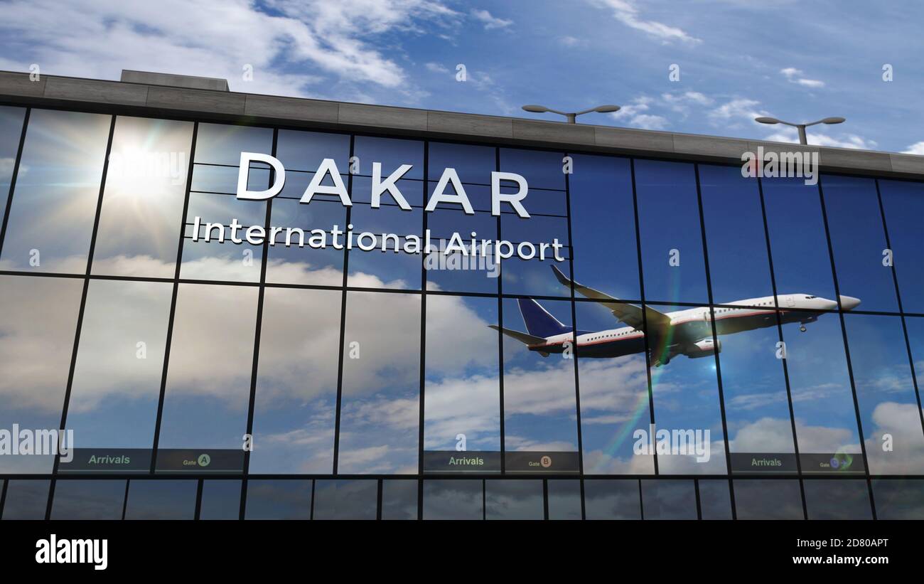 Jet aircraft landing at Dakar, Senegal 3D rendering illustration. Arrival in the city with the ...