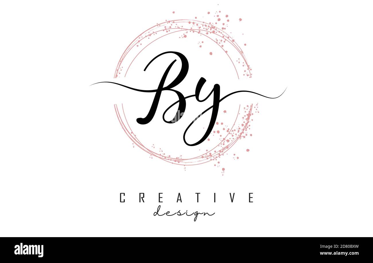 Handwritten BY B Y letter logo with sparkling circles with pink glitter ...