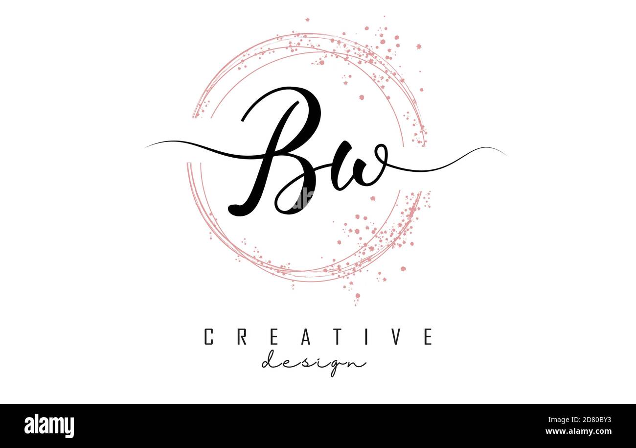 Handwritten BW B W letter logo with sparkling circles with pink glitter ...