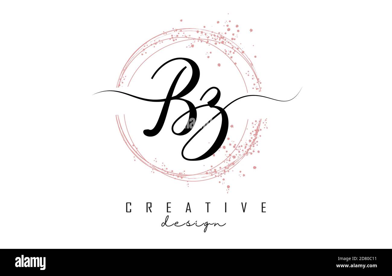 Handwritten BZ B Z letter logo with sparkling circles with pink glitter ...