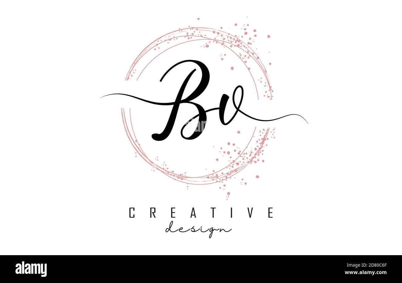 Handwritten BV B V letter logo with sparkling circles with pink glitter ...