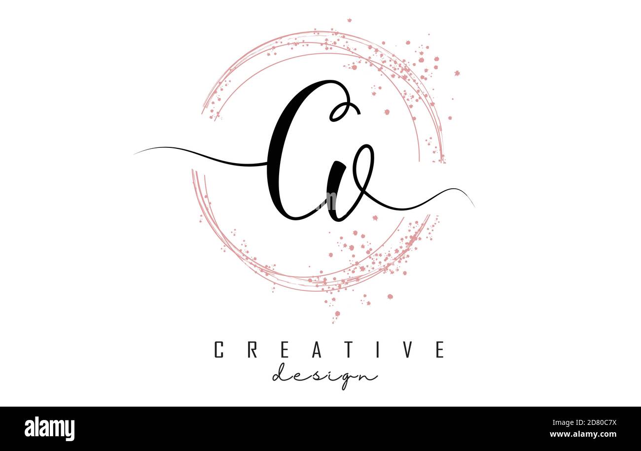 Handwritten Cv C v letter logo with sparkling circles with pink glitter ...