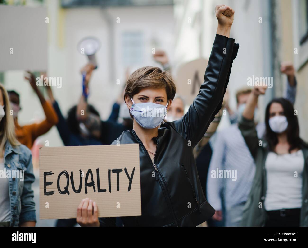 Group of people activists protesting on streets, women march and ...