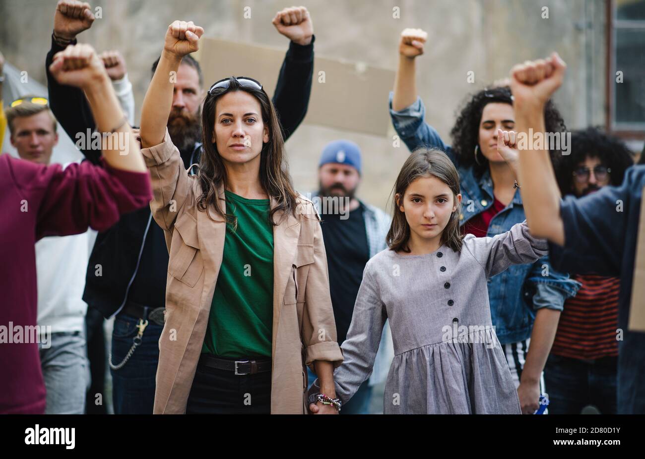 Group of people activists protesting on streets, strike and ...