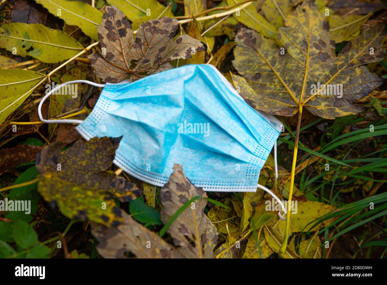 Mask thrown along a road and in nature. Pollution. Slag and plastics ...