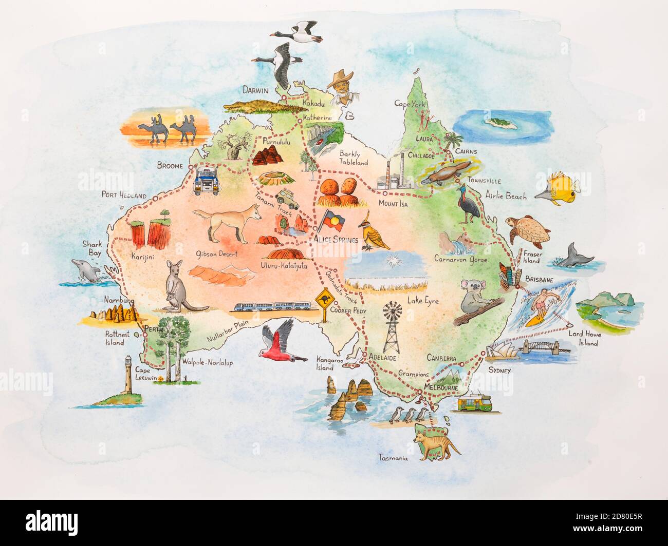 Australia watercolor general map illustration with figures of local ...