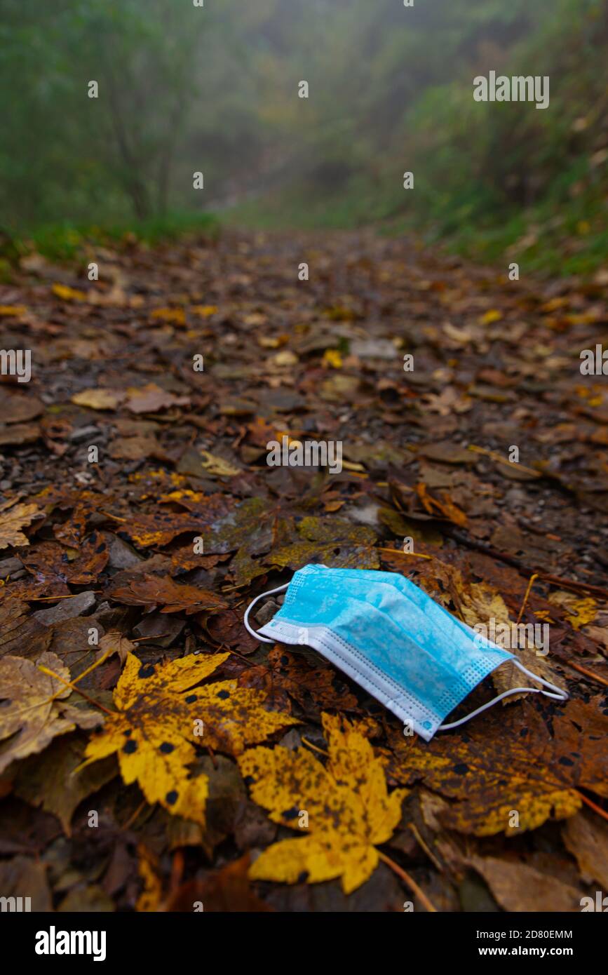 Mask thrown along a road and in nature. Pollution. Slag and plastics ...