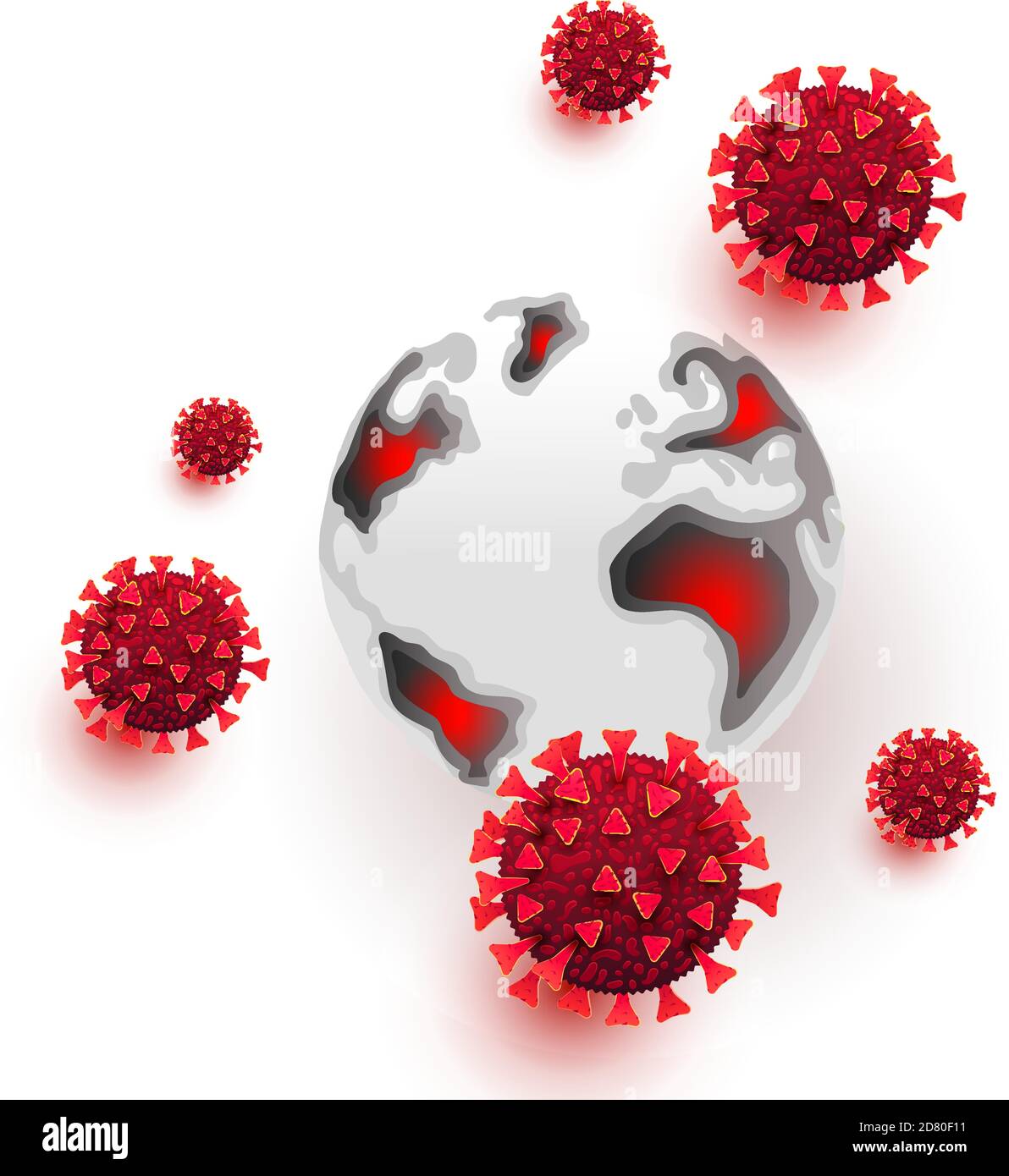 Coronavirus molecules around world globe map isolated on white ...