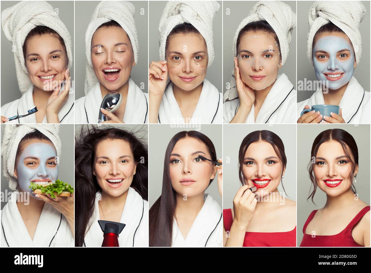 Female morning routine. Spa woman face collage set Stock Photo - Alamy