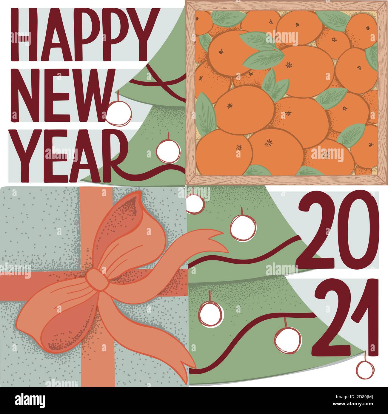 Happy New Year Greeting Card. Square vector illustration. Wood box with ...