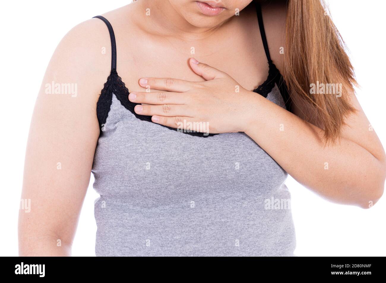 Woman Touching Her Heart Or Chest Isolated White Background Healthcare Medical Or Daily Life