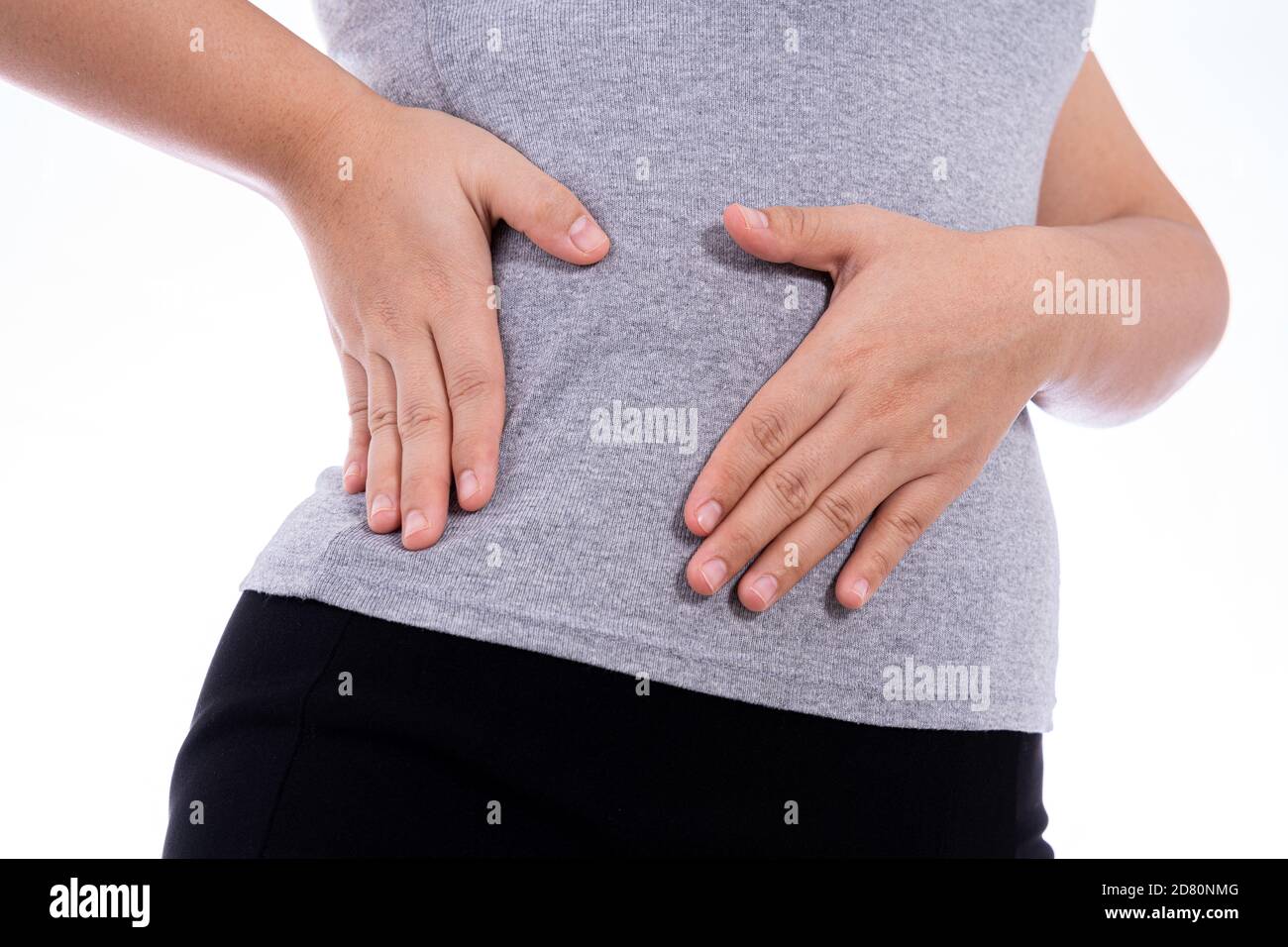 Woman hand touching stomach, waist, or liver position isolated white ...