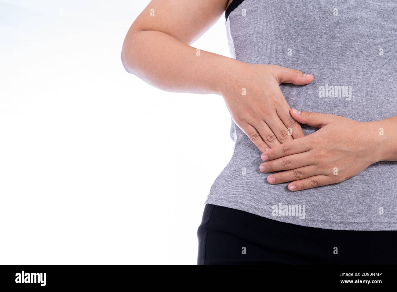 Woman hand touching stomach, waist, or liver position isolated white ...