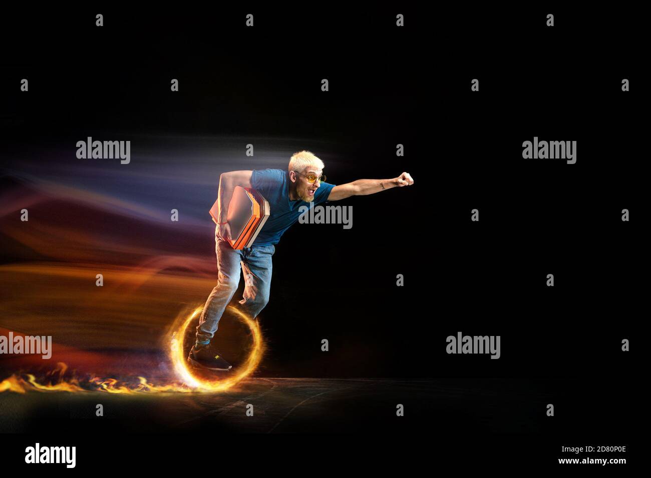 Pizza party time. Fast delivery service - deliveryman on unicycle ...