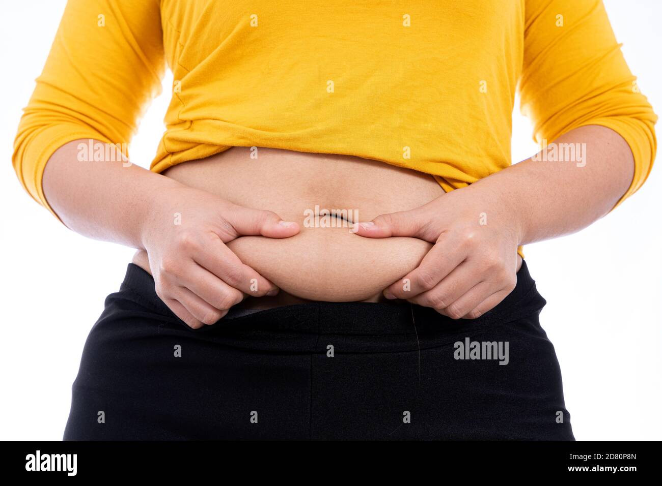 Fat woman holding excessive fat belly, overweight fatty belly isolated ...