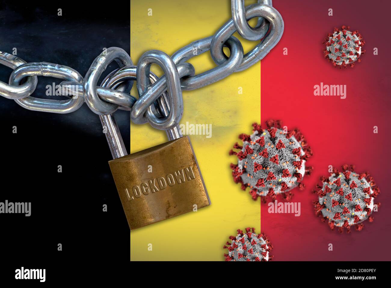 Concept of Coronavirus lockdown in Belgium, with Covid-19 particles ...