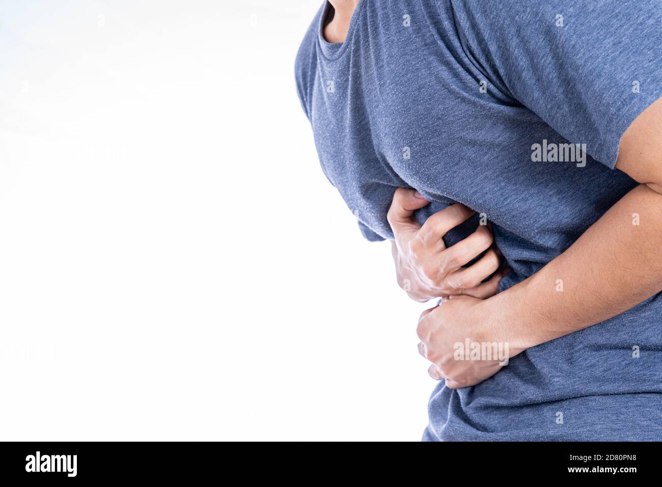 Man suffering from stomach pain and injury isolated white background ...