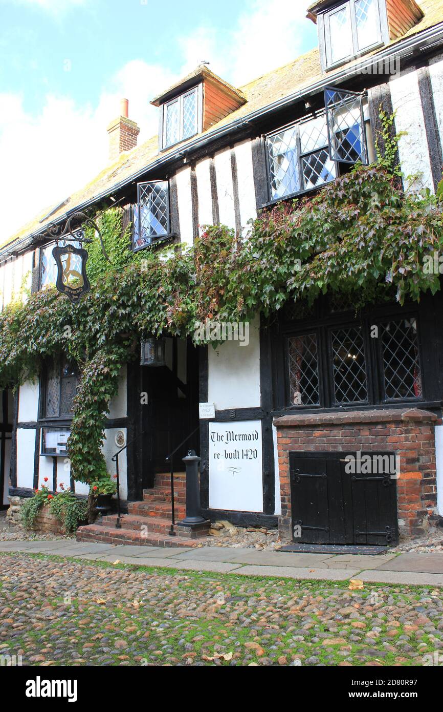 The medieval Mermaid Inn built in 1420 along Mermaid Street Rye, East ...
