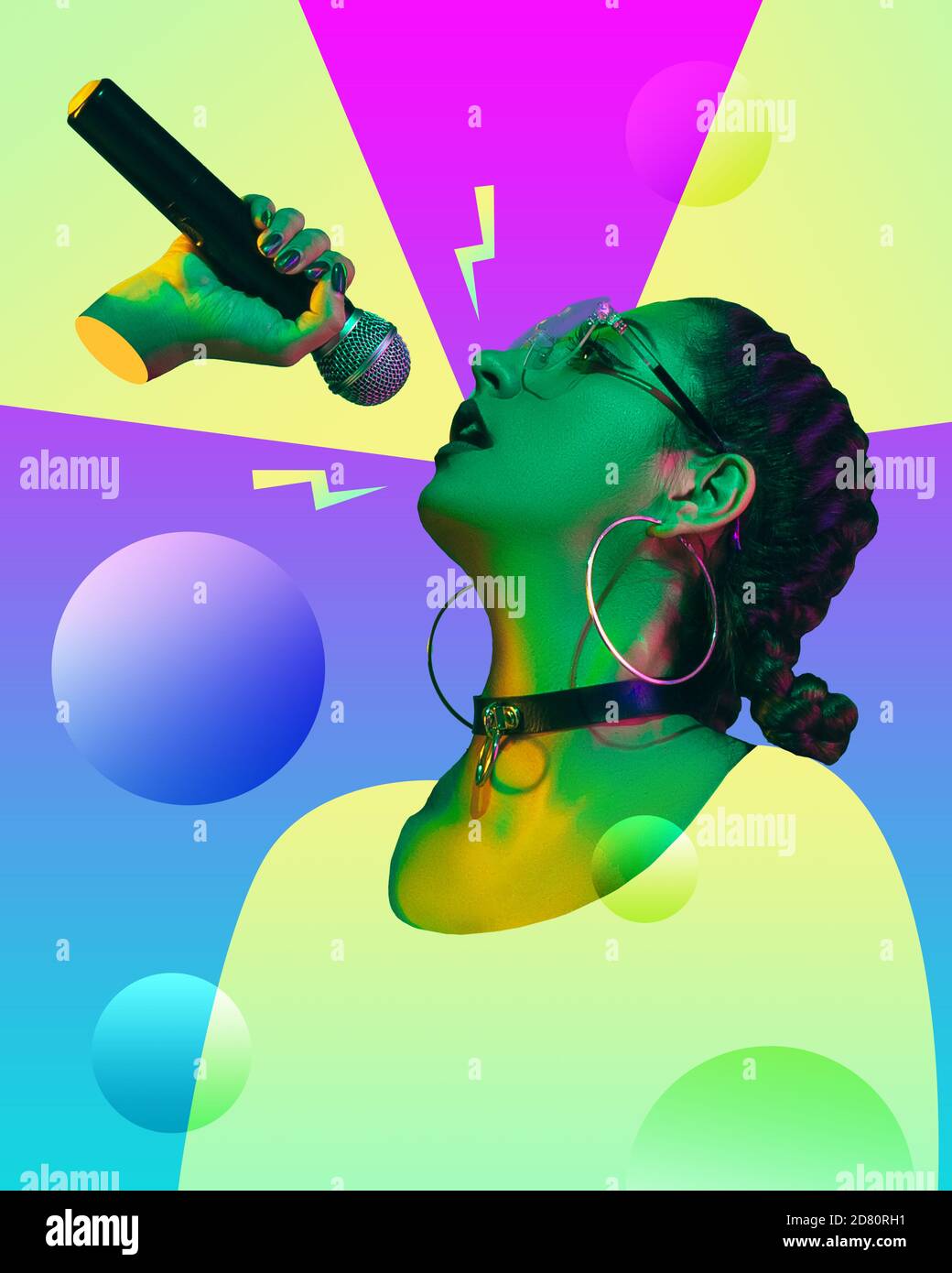 Singing. Portrait of caucasian woman in bright colors. Trendy neon ...