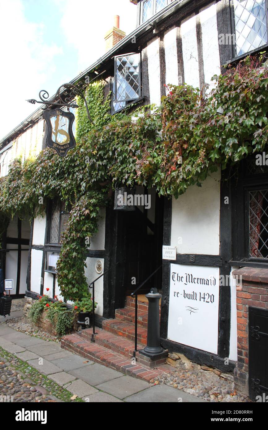 The medieval Mermaid Inn built in 1420 along Mermaid Street Rye, East ...