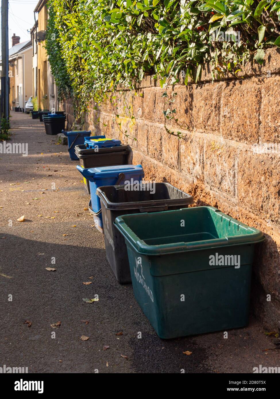 Recycling bins, street view, Cullompton Stock Photo - Alamy
