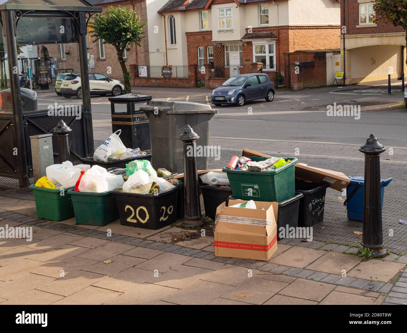 Recycling bins, street view, Cullompton Stock Photo - Alamy